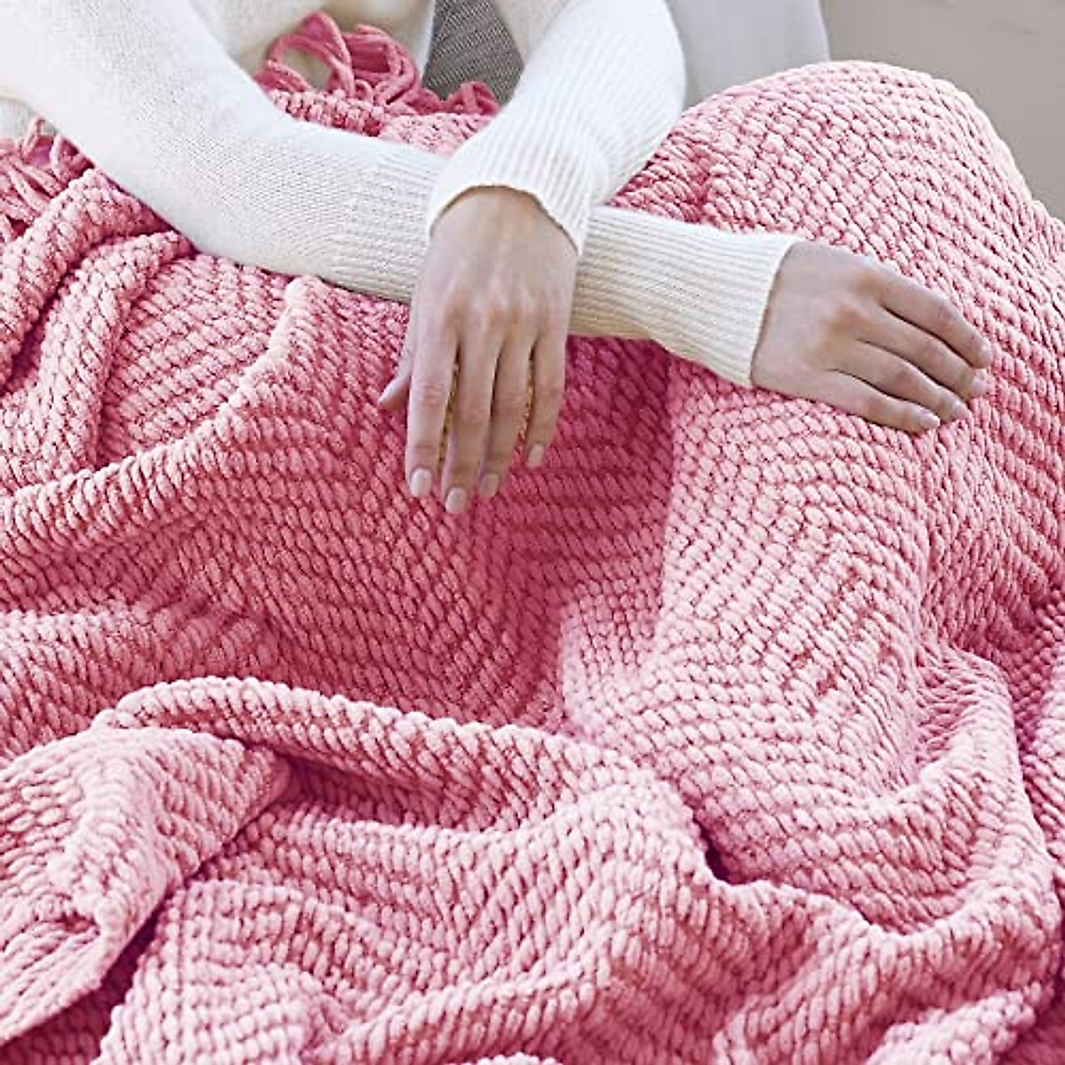 Bytide Throw Blanket for Couch Soft Knitted Textured Couch Cover Pink Tweed Blanket with Fringe Tassel for Home Décor Bed Sofa Chair, 50" x 60", Strawberry Ice