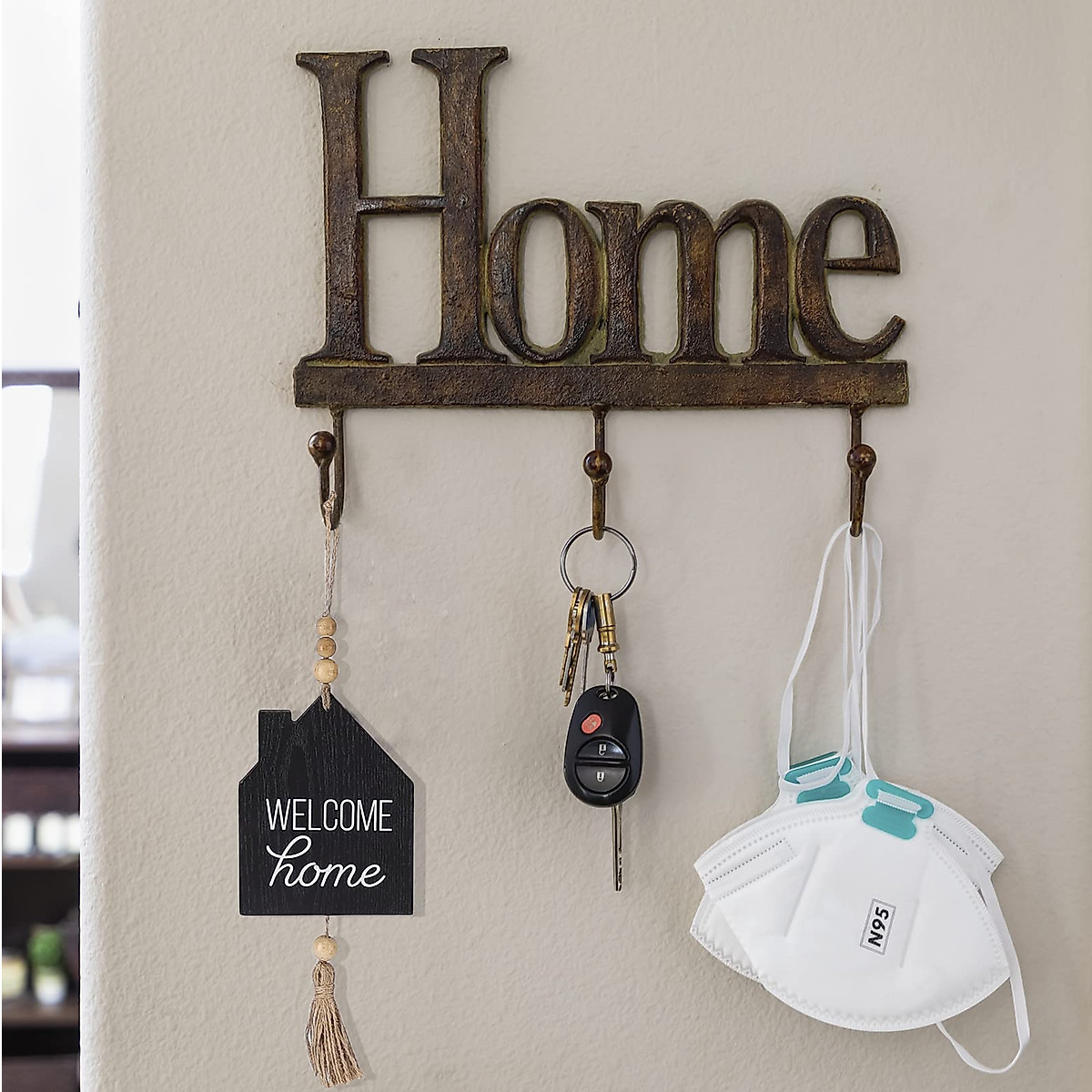 OYATON Welcome Home Wood Hanging Sign Decor, Small Black Rustic Wooden Blocks House Hanging Sign with Beads and Jute Rope Tassel for Wall Farmhouse Decoration,Front Door and Porch Home Decor