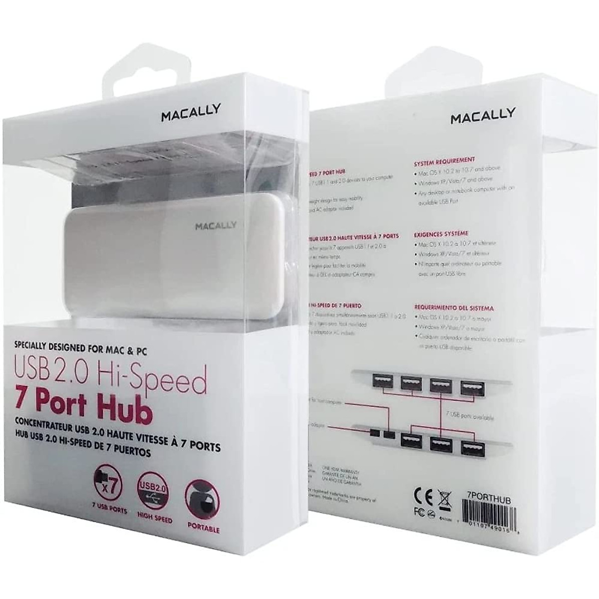 Macally 7 Port Powered USB 2.0 Hub with 5V 2A Power Adapter & 3 foot long Cable (7PortHub)