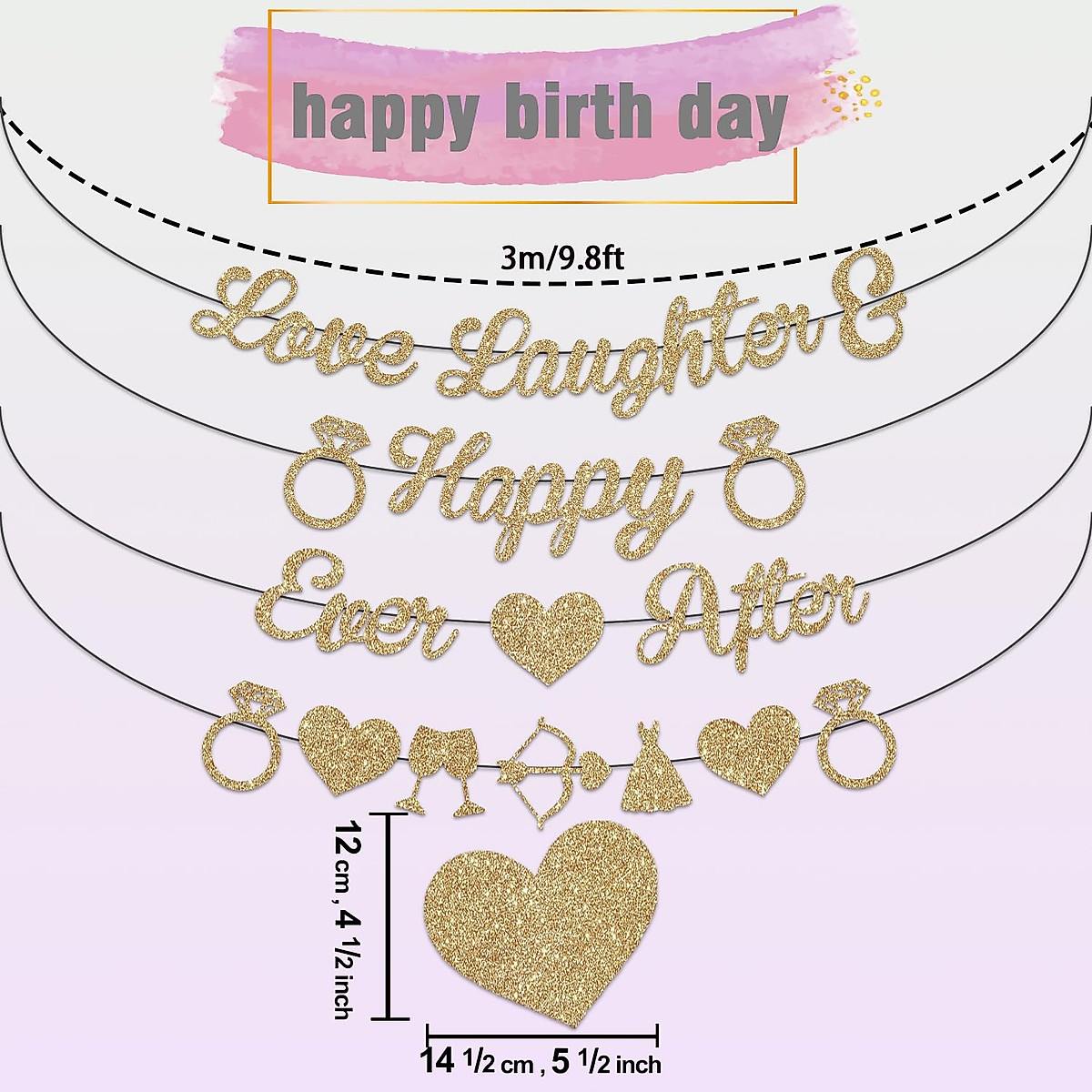 NO-DIY Love Laughter & Happily Ever After Banner, Gold Glitter Wedding Shower Decorations includes Bridal Shower Banner and Bridal Shower Decorations Garland for Bridal Wedding Decorations