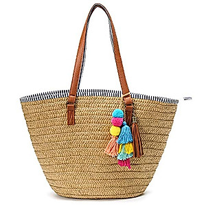Epsion Straw Beach Bags Tote Tassels Bag Hobo Summer Handwoven Shoulder Bags Purse With Pom Poms