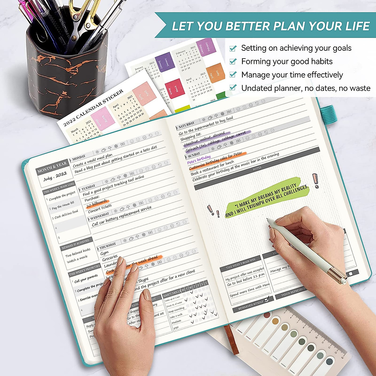 Soomeet Planner, Undated Weekly Planner, Goal Planner, Calendar Stickers, Faux Leather Cover, Time Management Manual and Planner, A5 Hardcover with Ruler, 200 Pages, Lake Blue