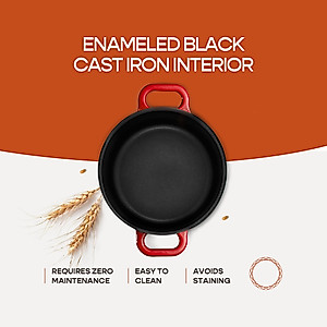 Krustic Enameled Cast Iron Dutch Oven for Sourdough Bread Baking | 6 Quart Pot with Lid | 10 Inch Ceramic Enamel Thick Coated Cookware Set with Non Stick Silicone Baking Mat for Cooking | 6 Qt | Red