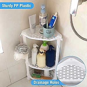 4-Tier Standing Corner Shower Caddy - 4 Shelf Plastic Bathroom Corner Stand with Drainage Holes & Hooks Plastic Shower Organizer Corner Standing Stand Up Bathtub Shower Shelf for Bathroom Living Room