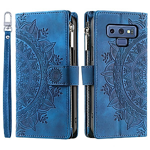 Asuwish Phone Case for Samsung Galaxy Note 9 Wallet Cover with Tempered Glass Screen Protector and Wrist Strap Mandala Flower Leather Flip Zipper Card Holder Slot Cell Note9 Not S9 Women Men Blue