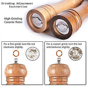 SZUAH Salt and Pepper Grinders, Oak Wooden Salt and Pepper Mills Shakers with Cleaning Brush & Wood Stand, Ceramic Rotor with Strong Adjustable Coarseness[Set of 2]