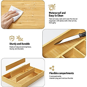 WEBACOO Bamboo Kitchen Drawer Organizer - Silverware Organizer for Kitchen Drawers - Utensil Tray and Flatware Storage for Kitchen - Flatware Organizer - Cutlery Tray with Adjustable Dividers