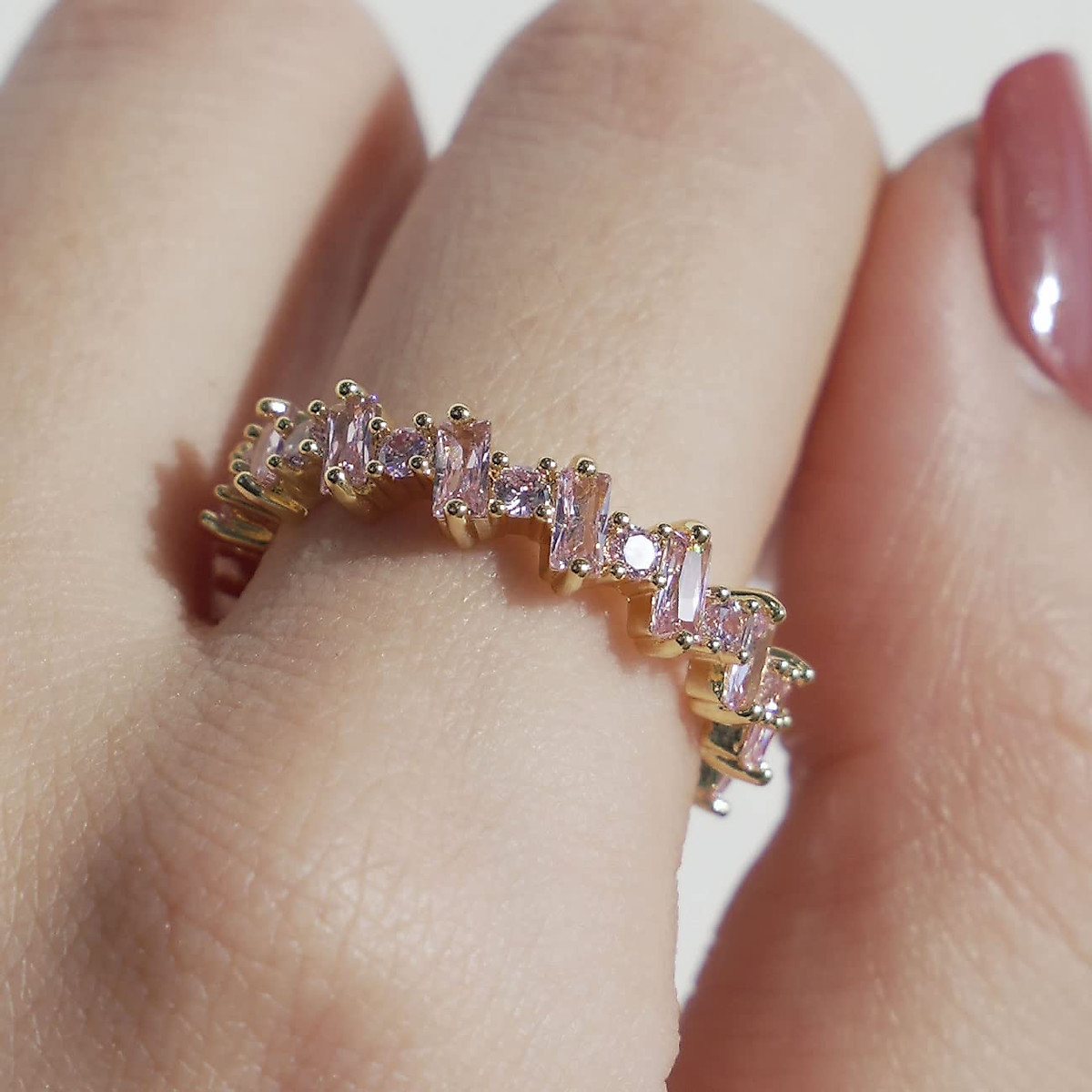 Michooyel 18K Gold Plated Eternity Band Ring Pink Cubic Zirconia Baguette Statement Ring for Women