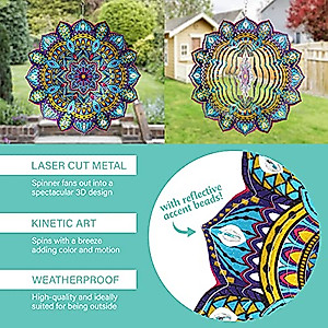Exhart 3D Mandala Wind Spinner – Laser Cut Metal Mandala Art Hanging Décor w/Crystal Accent Beads –Starburst Décor, Hanging Wind Spinner, 3D Metal Art, Indoor/Outdoor Decor, 12 Inches