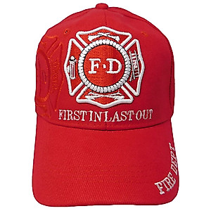 Trade Winds Fire Department Dept First in Last Out Red with Red Shadow Cotton Adjustable Embroidered Baseball Hat Cap, Black, 7 3/4
