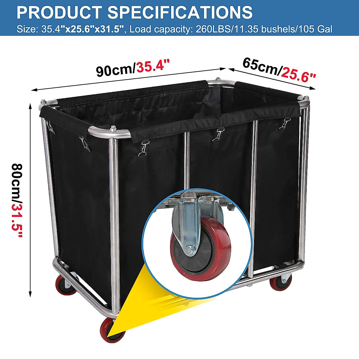 Large Laundry Cart with Wheels,Commercial Stainless Steel Heavy Duty Service Cart Laundry Hamper for Hotel/Home/School/Resort