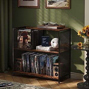 Huxitocan 3 Tier Record Player Stand Holds Up to 300 Albums with 4 Adjustable Divider for Turntable Stand, Large Vintage Record Player Table with Vinyl Record Holder Cabinet-Patent Pending