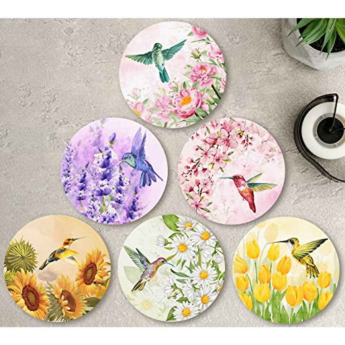 VAATOO Pack 6 Coasters Hummingbird Flower Absorbent Ceramic Coasters with Cork Base Drink Square Single Coaster Coffee Table Cup Car Kitchen Decor Birthday Gifts for Family Women Adults