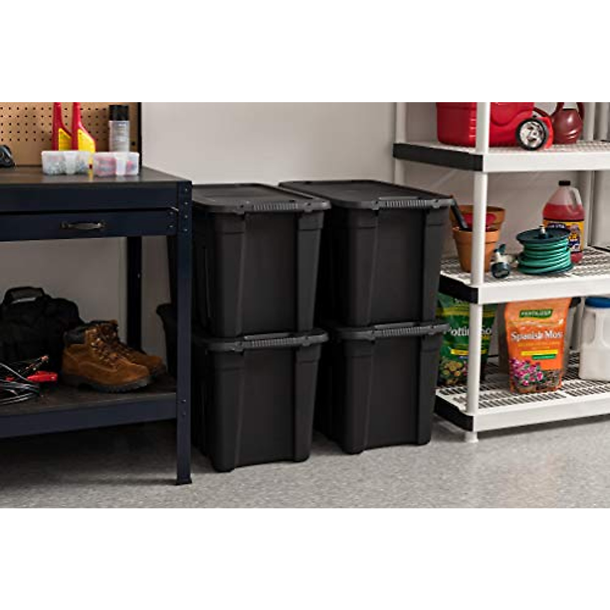 IRIS USA 20 Gallon Utility Totes with Easy-Grip Handles, 4 Pack - Black, Heavy-Duty Durable Stackable Storage Containers, Large Garage Organizing Bins Moving Tubs, Rugged Sturdy Camping Equipment