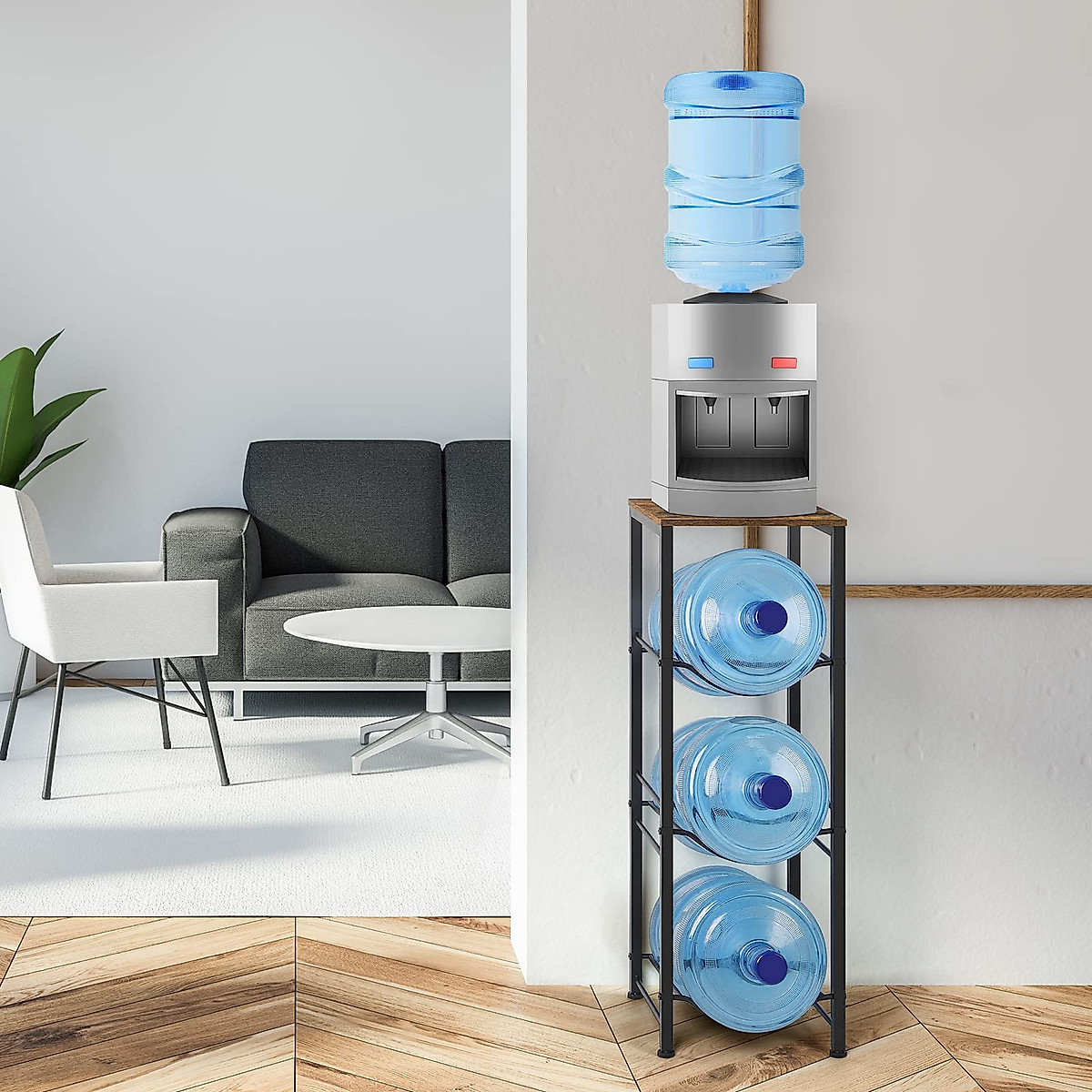 Water Bottle Holder 5 Gallon Water Cooler Jug Rack 3-Tiers Water Bottle Organizer with Storage Shelves for Kitchen Living Room Office, Rustic Brown