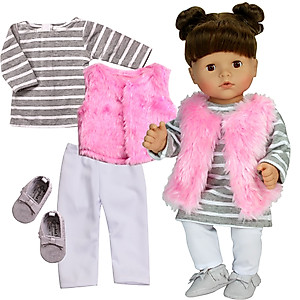 Sophia's 15 inch Baby Doll Clothes & Accessories Set with Striped T-Shirt Dress, Shaggy Vest, Solid White Leggings, & Suede Moccasin Shoes for 15" Girl Dolls, Pink/Gray