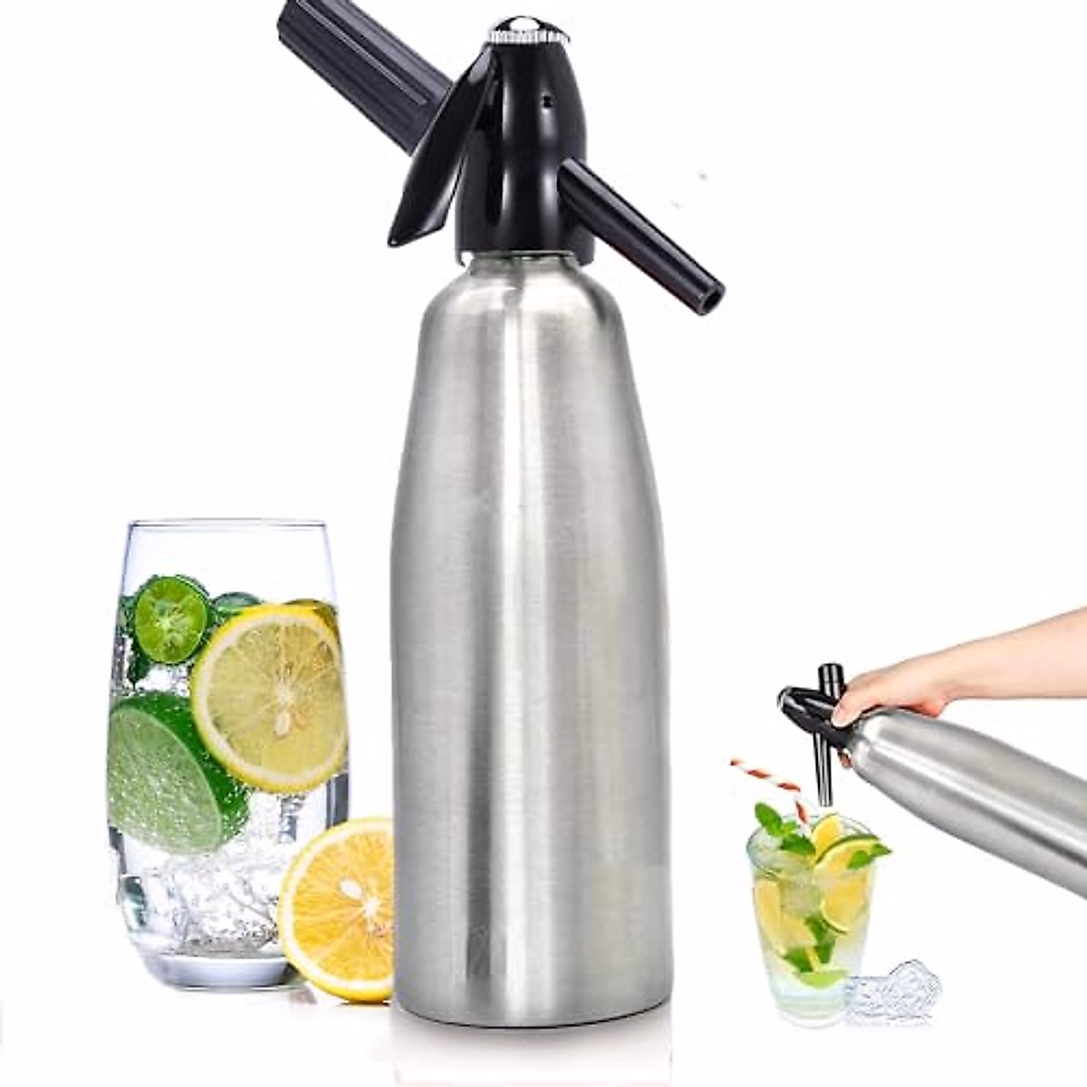 Soda Siphon 1L Sparkling Water Maker,Aluminum Portable Seltzer Water Maker Carbonated Water Machine,Siphon Bottle Kit for Home Bar Juice,Tea and Cocktail Drinks Uses 8g C02 cartridges (Not Included)