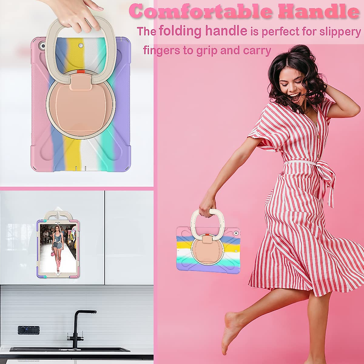 LX-SUNCX for iPad 10.2 Case 9th Generation 2021 / 8th Gen 2020 / 7th 2019,Shockproof Kids Case with Screen Protector,Rotating Stand/Pencil Holder/Shoulder Strap for iPad 10.2 Inch - Colourful Pink