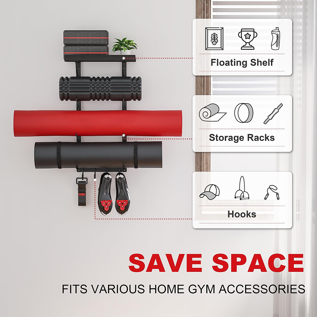 Yoga Mat Holder Wall Mount, Yoga Accessory Mat Storage Rack, Home Gym Accessories Organizer, Floating Shelf and Hooks for Hanging Foam Roller/Band/Workout Equipment at Pilates Fitness Class