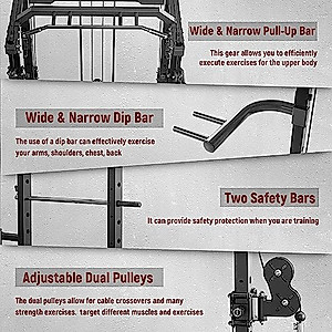 MAJOR LUTIE Fitness Power Cage with 245LBS Cast Iron Weight Plates and Olympic Barbell, PLM03 All-in-One Multi-Function Power Rack with Adjustable Cable Crossover System and Exercise Attachment Black