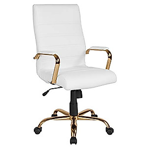 EMMA + OLIVER High Back White LeatherSoft Executive Swivel Office Chair with Gold Frame/Arms