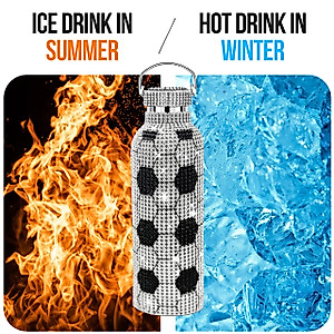 Liquid TuNes Soccer Bling Water Bottle Stainless Steel Thermal Bottle, Insulated Refillable Glitter Water Bottle with Chain, Great Gift Idea for Girls(500ml/16.9 oz)