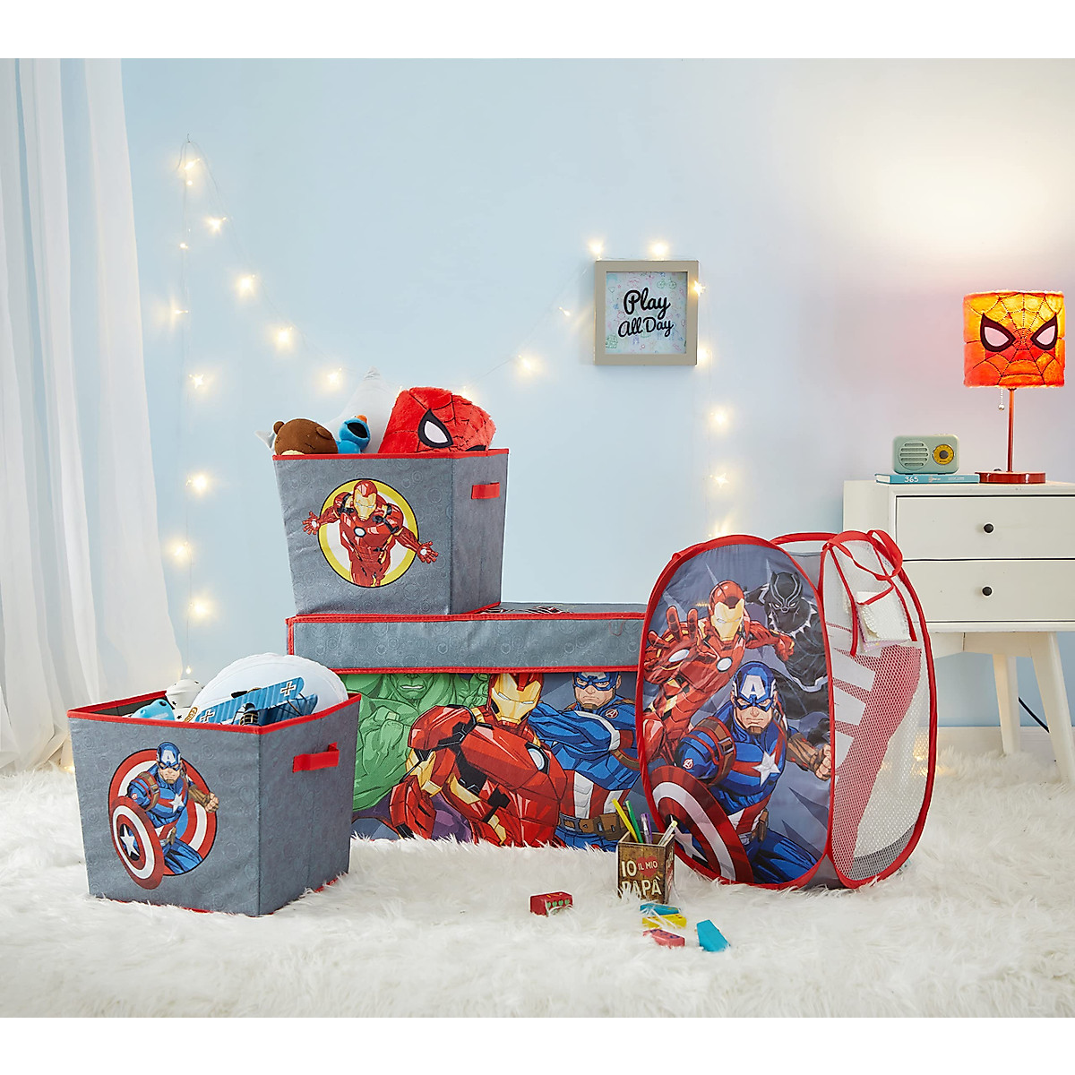 Marvel Spiderman 4 Piece Storage Solution Set with Pop Up Hamper, Collapsible Storage Trunk and 2 Nestable Storage Bins