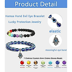 RUIZHEN 2Pcs Evil Eye Hamsa Blue Beaded Charm Stretch Bracelet 7 Chakras Gemstone Lava Stone Hamsa Hand Evil Eye Bracelet (blue bead +7 Chakras)