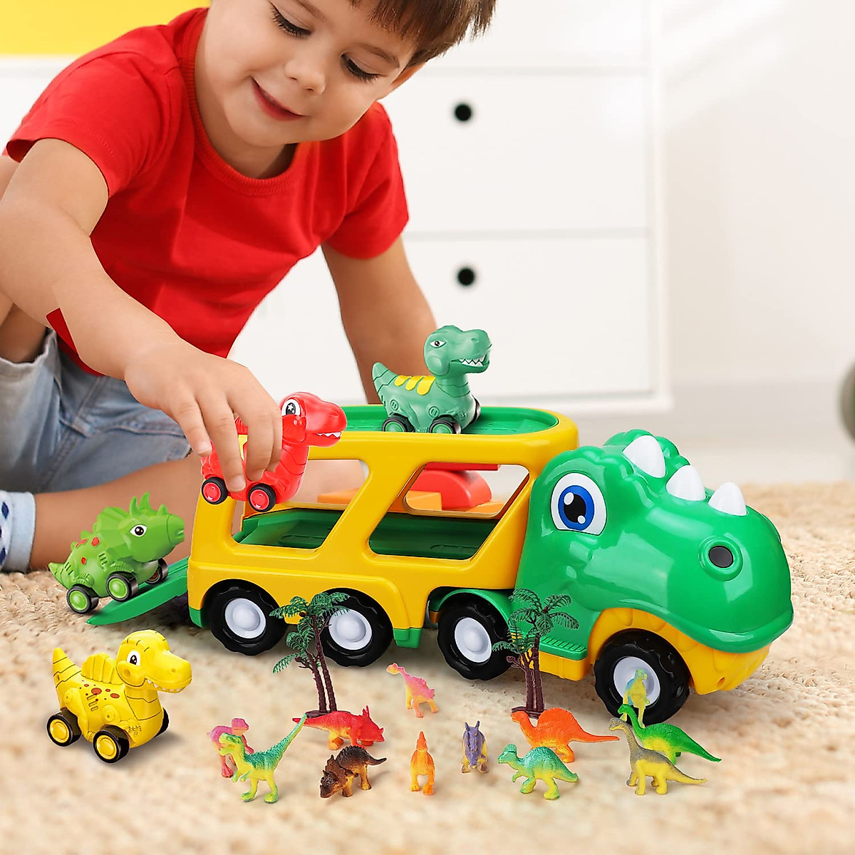 TOY Life Toddler Car Toy for 1+ Year Old, Dinosaur Transport Carrier Truck with 4 Pull Back Dinosaur Cars Dino Figures, Dinosaur Toys for Kids 1 2 3 4 5+, Christmas Birthday Gift for 18M+ Boys Girls