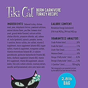 Tiki Cat Born Carnivore Optimal Weight, Turkey, Grain-Free Baked Kibble to Maximize Nutrients, Dry Cat Food, 2.8 lbs. Bag
