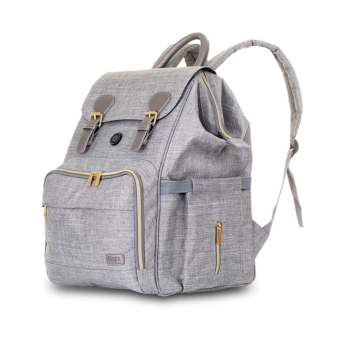 OOPSABABY Diaper Bag Backpack with Cleaning Lights; connect to juice pack or wall adapter; Designer Gray with Rose Gold Hardware Diaper Bag Organizer for Baby Boy or Girl