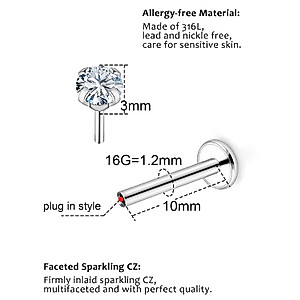Xwnskvvz 16G Threadless Tragus Earrings Surgical Steel Medusa Piercing Jewelry Star/Square/Round/Heart Shaped Crystal Labret Studs Lip Ring Helix Conch Cartilage Earrings for Women Men 10mm