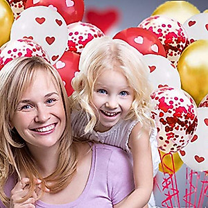 Valentines Day Decorations Party Balloons Kit, 12 Inch Heart Printed Red White Gold Confetti Balloons for Valentine's Day Anniversary Mothers Day Wedding Engagement Party SuppliesDecorations