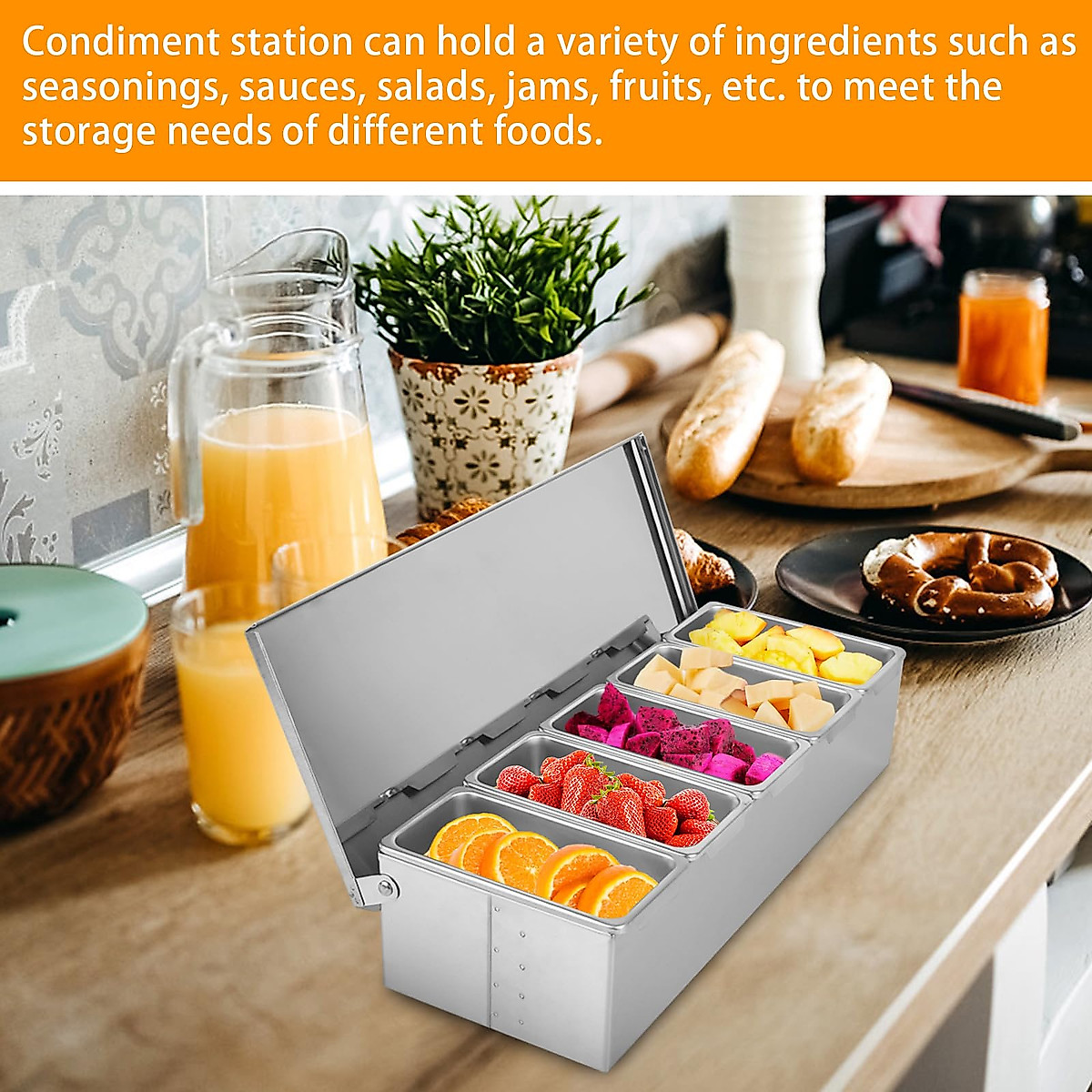 AshKiz Pizza Topping Station, Stainless Steel Pizza Topping Station with 5 Removable Containers for Salad Bar and Nacho Bar and Grill Table