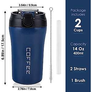 14 oz Travel Coffee Mug, 2 Pack Vacuum Insulated Coffee Travel Mug Spill Proof with Lid and Straw, Stainless Steel Reusable Coffee Tumbler for Hot and Cold Drinks, Gift for Men and Women(Red Blue)