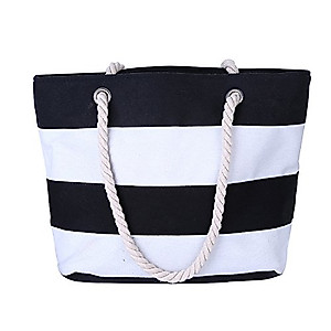 Nevenka Canvas Tote Beach Bag With Zipper Top Handle Handbag Shoulder Bags Shopping Bag (Style 1, Black White)