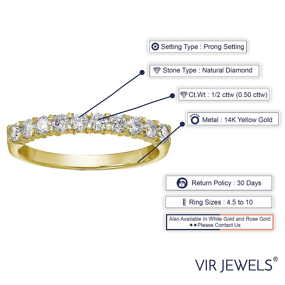 Vir Jewels 1/2 carat (ctw) Diamond Wedding Anniversary Band for Women, Round Diamond Engagement Ring 14K Yellow Gold 10 Stones Prong Set 0.50 cttw I1-I2, Size 8