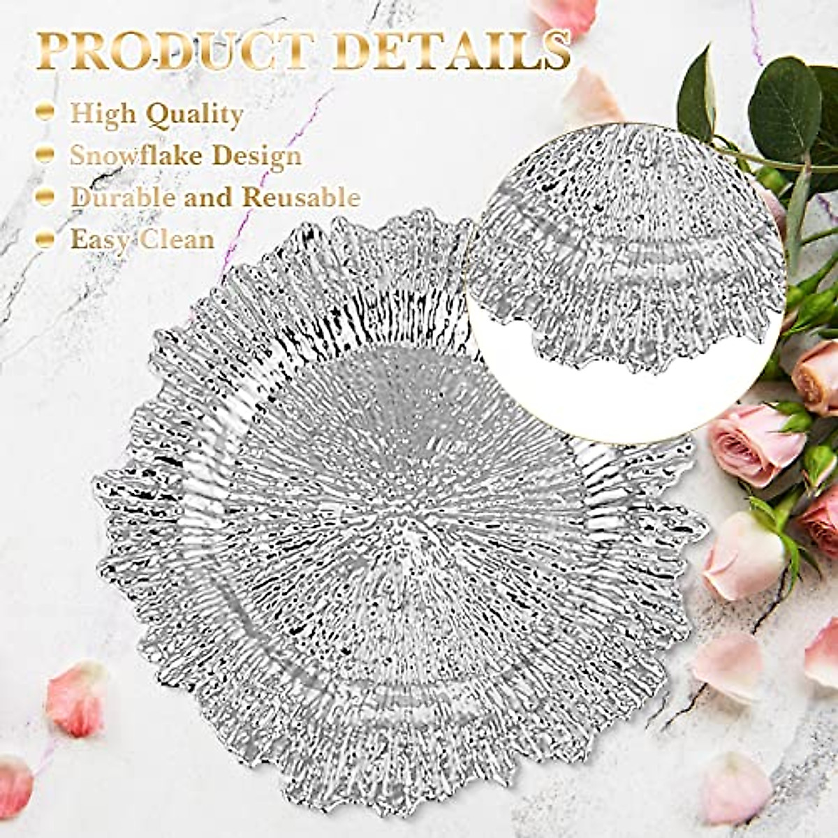 Mimorou 18 Pack Reef Charger Plates Plastic Snowflake Charger Plates Wedding Floral Charger Plates Decor for Christmas Dinner Wedding Party Event Supplies, 13 Inch (Silver)