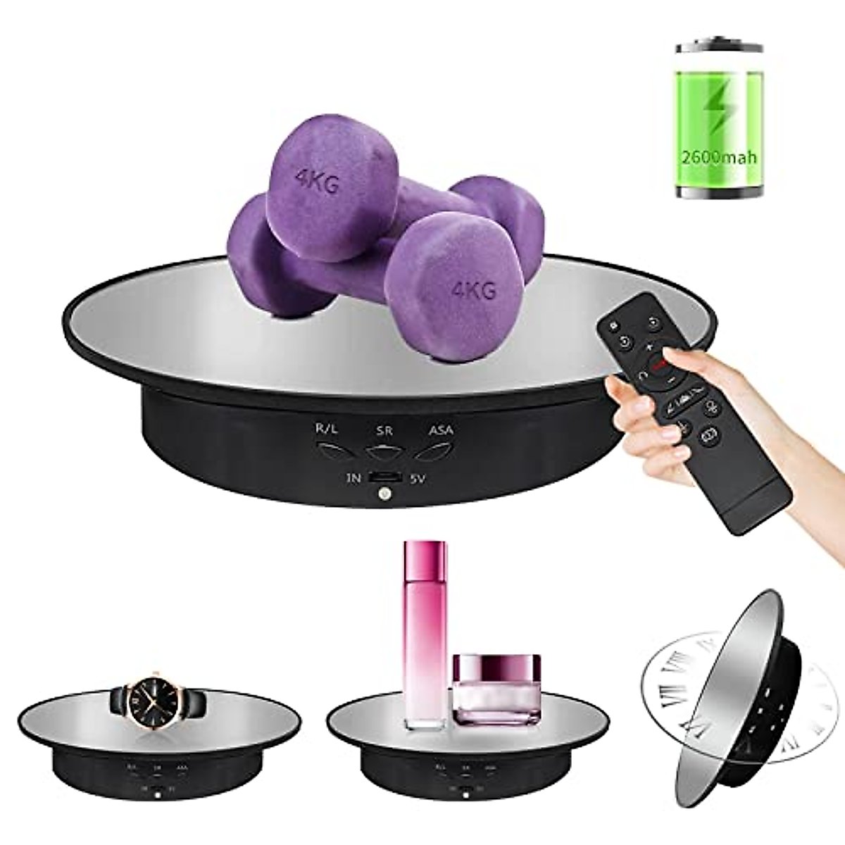 ZLMONDEE Remote Spinning Rotating Display Stand ,Motorized Rotating Turntable Platform Lazy Susan with Mirror 7.87inch/17.6lb Load for Photography Products (Black)