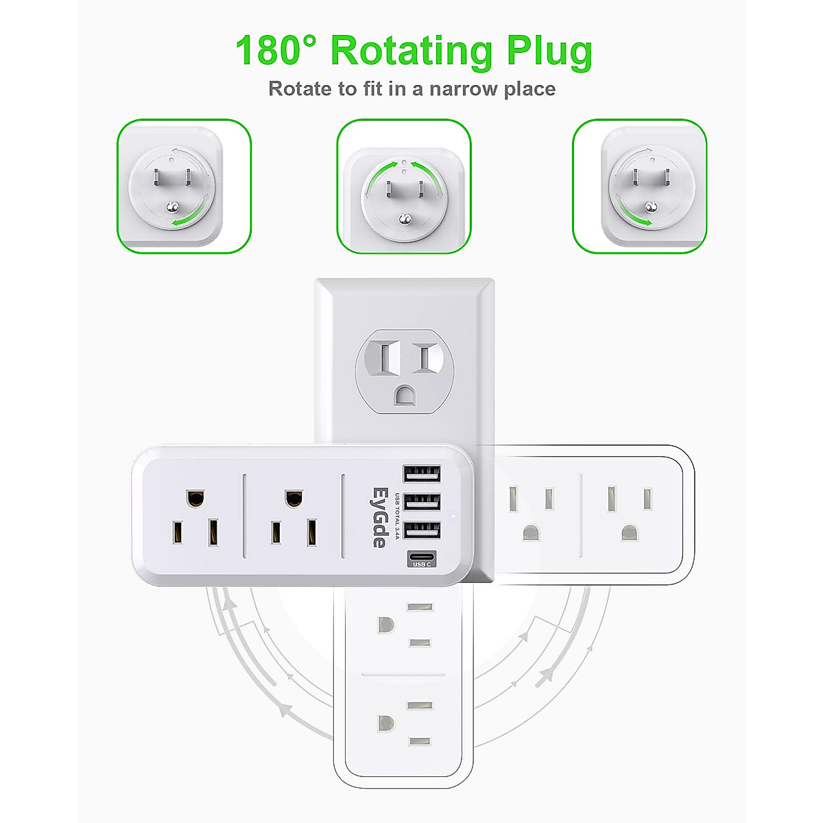 EyGde Multi Plug Outlet Extender Surge Protector 1700J, Wall Power Strip with Rotating Plug & 4 USB Charging Ports (1 USB C), 3 Side Swivel Outlet Splitter with 6 Spaced Sockets for Home Office Travel