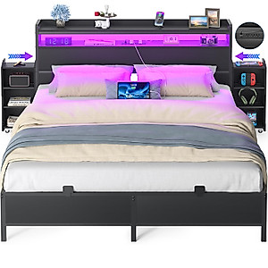 Unikito Queen Bed Frame with Bookcase Storage Headboard and LED Light, Queen Size Bed with Slide Bedside Cabinet and Charging Station, Heavy Duty Metal Slat, No Box Spring Needed, Noise Free, Black