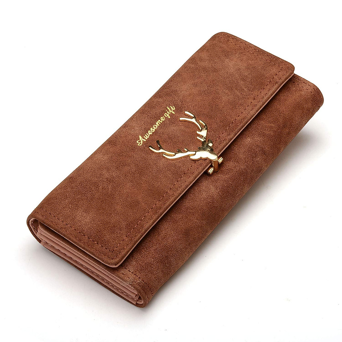 VODIU Women Crad Holder Long Wallet Leather Large Capacity Elegant Zipper Purses Three Fold Clutch (Coffee*2)