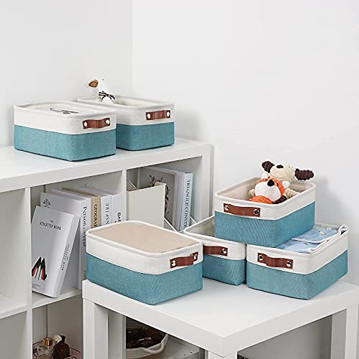 DULLEMELO Collapsible Bundle Baskets 3 Medium Baskets 15"x11"x9.5" + 6 Small Baskets 11.8"x7.9"x5.1"（White&Teal)
