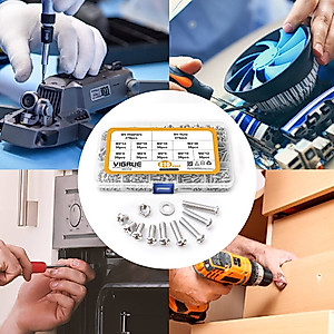 VIGRUE 810 Pcs M4 x 4/6/8/10/12/14/16/18/20 mm Screw Assortment Kit 304 Stainless Steel Machine Screws Phillips Pan Head Screws Bolts Nuts Lock Flat Washers with Storage Box