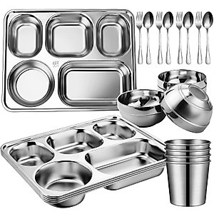 20 Pcs Stainless Steel Dinnerware Set, Including Stainless Steel Rectangular Divided Dinner Tray Spoons and Forks Set Silver Stainless Steel Cups and Stainless Steel Bowl for Home Kitchen Restaurant