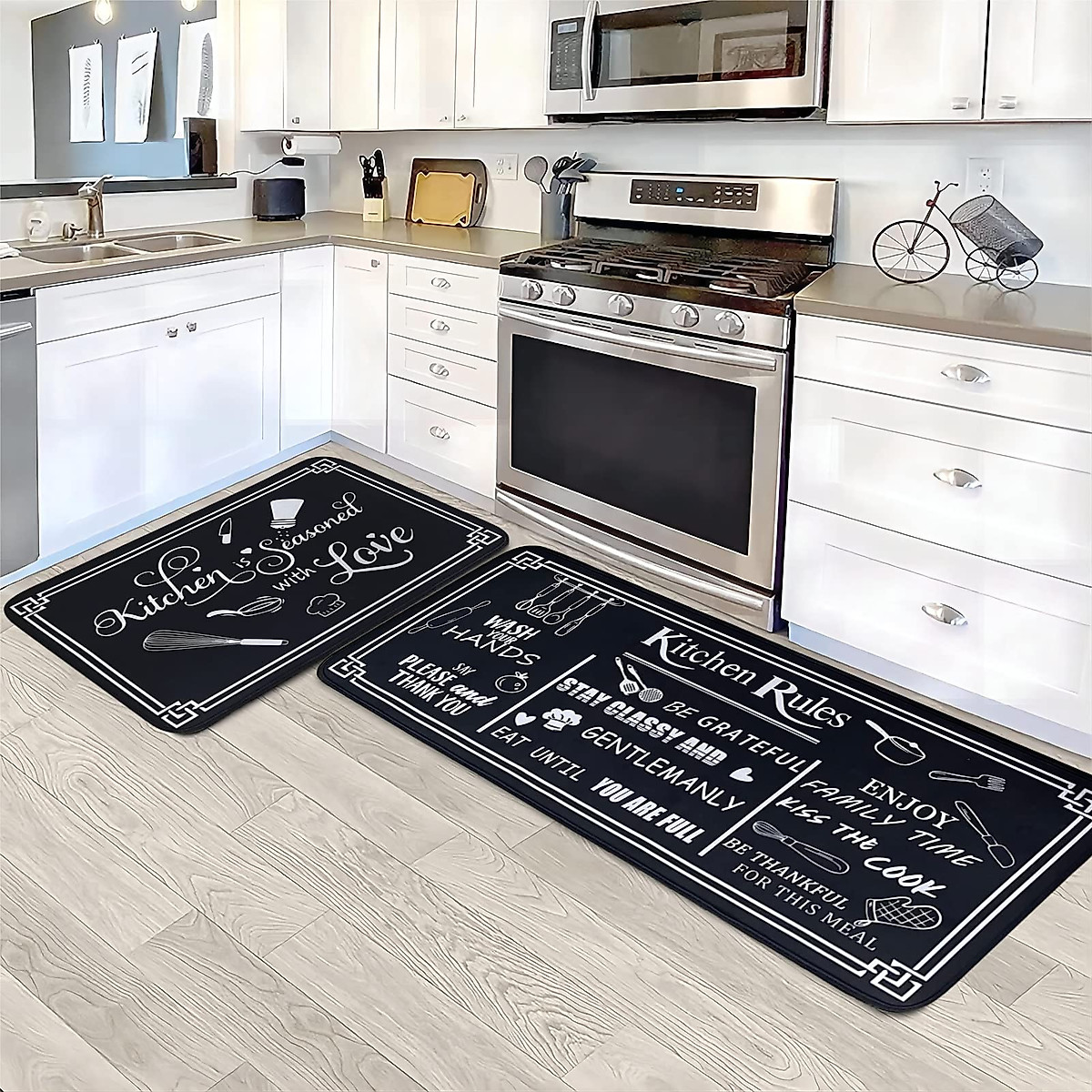 Voanos Black and White Kitchen Rugs,Non Skid Washable Microfiber mats for Kitchen Floor, Kitchen Rules Theme Kitchen Cushioned Runner Rug Decor Sets of 2,Size 17"x 47"+17"x 30"