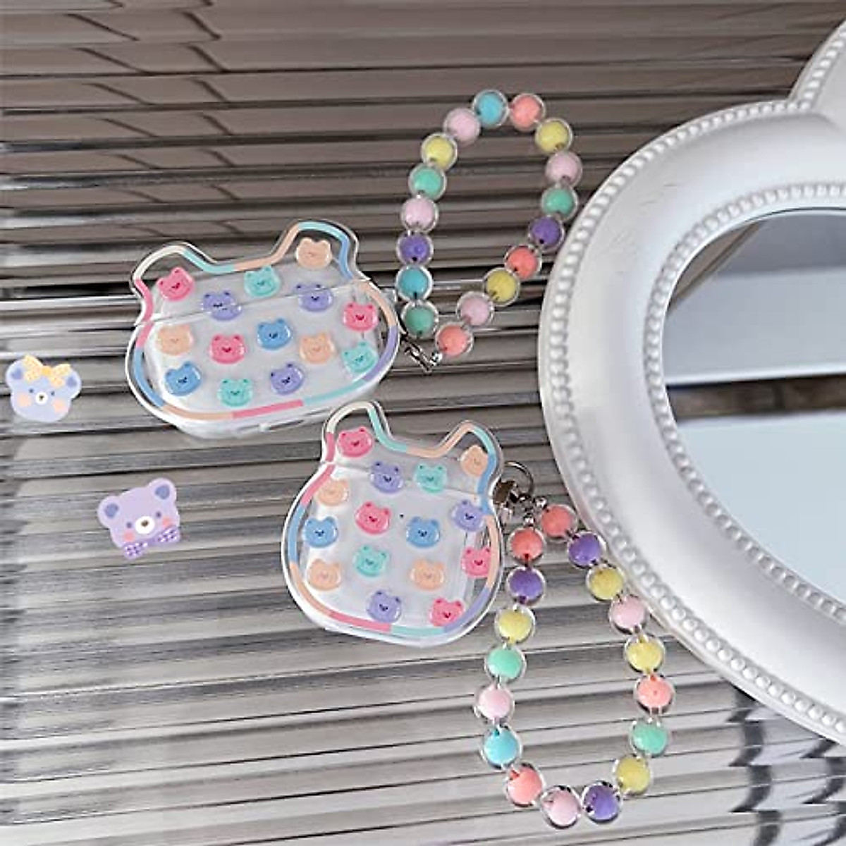 Cute AirPod 3 Cases Funny 3D Bear Design with Coloful Round Bead Bracelet Clear Soft Protective Cover Compatible with AirPods 3rd Generation Case for Girls and Womens