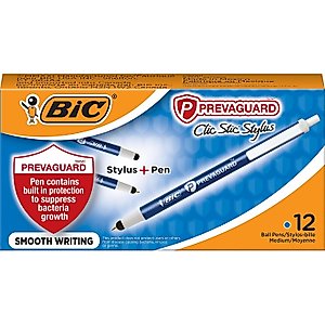 BIC PrevaGuard Clic Stic Ballpoint Pen & Stylus, With Built-in Protection To Suppress Bacteria Growth, Medium Point (1.0mm), Blue, 12-Count