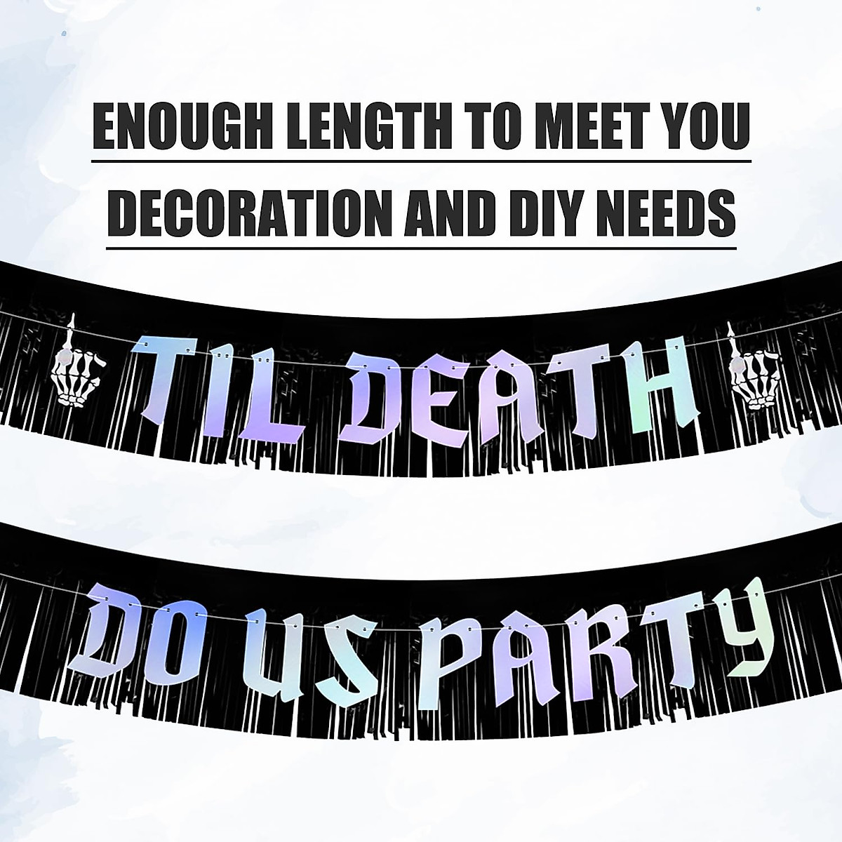 Til Death Do Us Party Banner with Fringe Garland, Halloween Banner Pre-Strung Bachelorette Party Garland Anniversary Party Decoration Sign for Bride Groom Wedding Backdrop (Black & Iridescent)