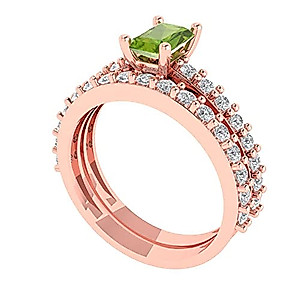 Clara Pucci 1.38ct Emerald Round Cut Pave Solitaire W/Accent Genuine Green Peridot Statement Bridal Ring Band Set 14k Rose Gold 10